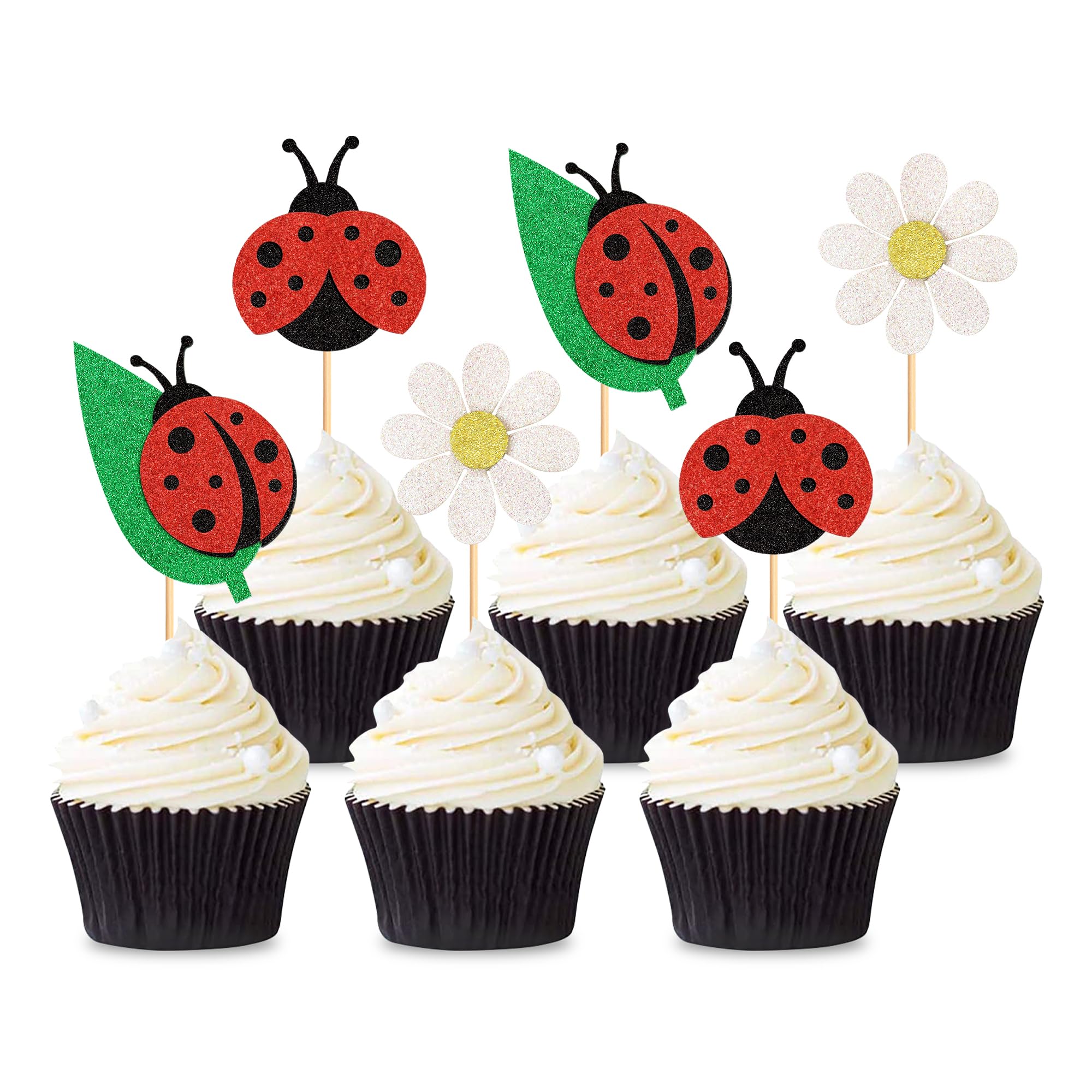 Cyodoos 24Pcs Ladybug Cupcake Toppers Flowers Insects Cupcake Picks Garden Theme Baby Shower Kids Birthday Party Cake Decorations Supplies