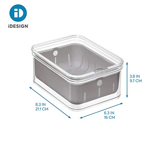 iDesign Recycled Plastic Crisp Produce Storage Containers with Lid and Colander Basket Designed to Keep Food Fresh Longer, 8.32β x 6.32β x 3.76β, Clear/Gray