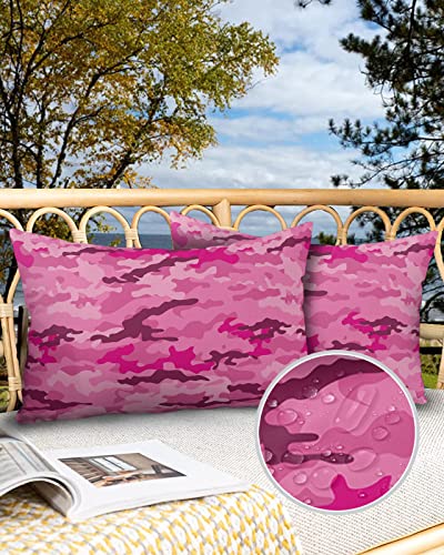 Funnywall88 Waterproof Throw Pillow Covers Set of 2 Camouflage Netting Camo Pink Couch Pillow Cases Outdoor Sofa Cushion Cover Home Decor for Bed Living Room, 20" x 12"