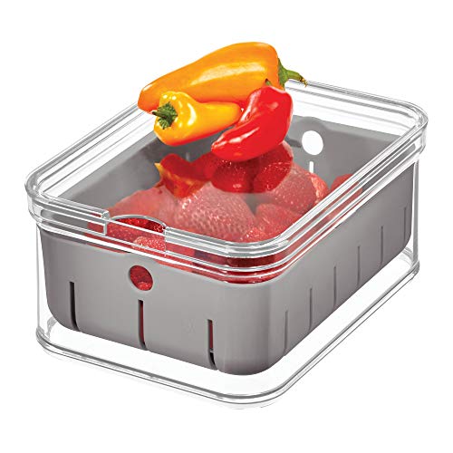 iDesign Recycled Plastic Crisp Produce Storage Containers with Lid and Colander Basket Designed to Keep Food Fresh Longer, 8.32β x 6.32β x 3.76β, Clear/Gray