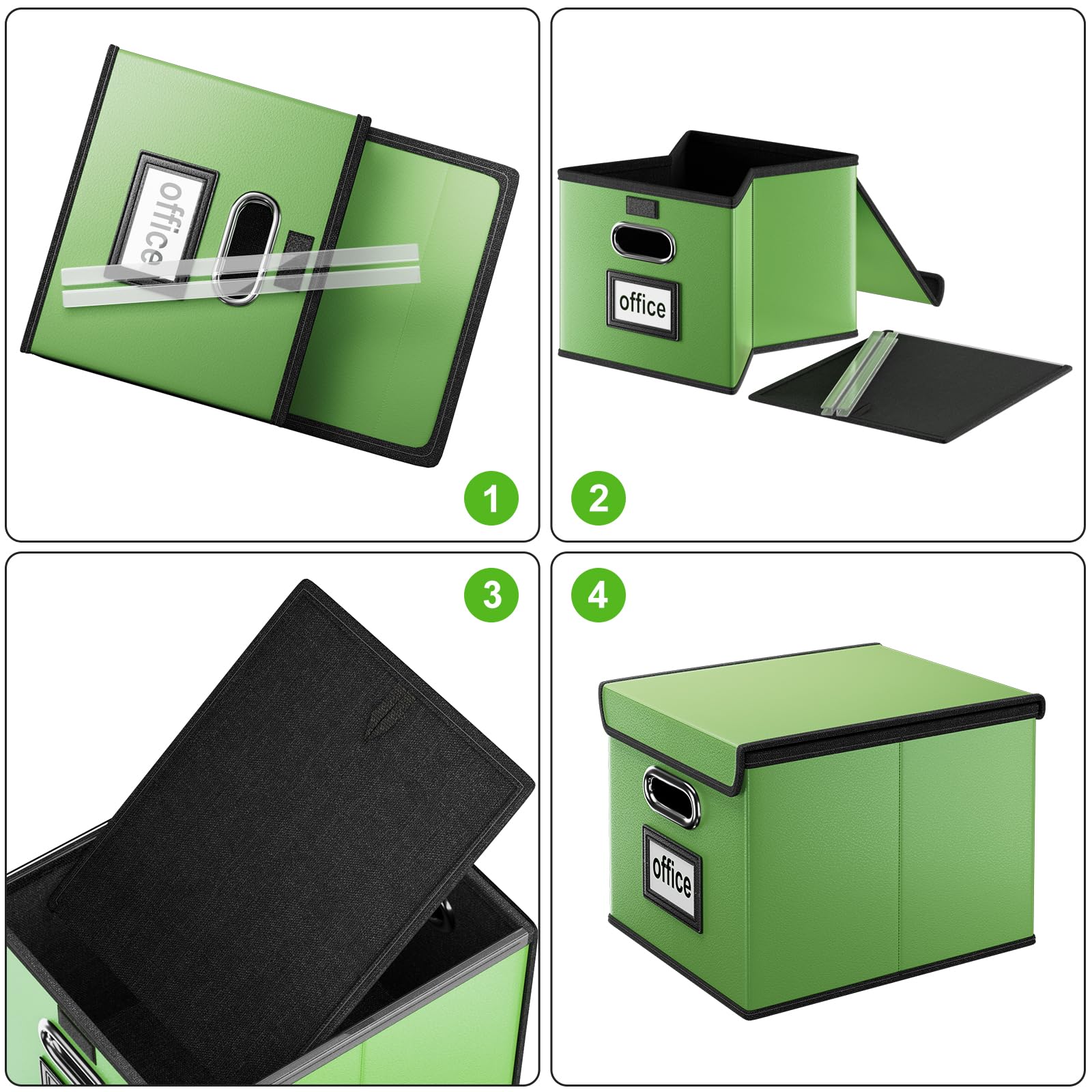 Huolewa Upgraded File Organizer Box with Lid, Collapsible Faux Leather Document Organizer, Hanging File Folder Box with Plastic Slide, Decorative Filing Box Cabinet for File and Folders Storage(Green)
