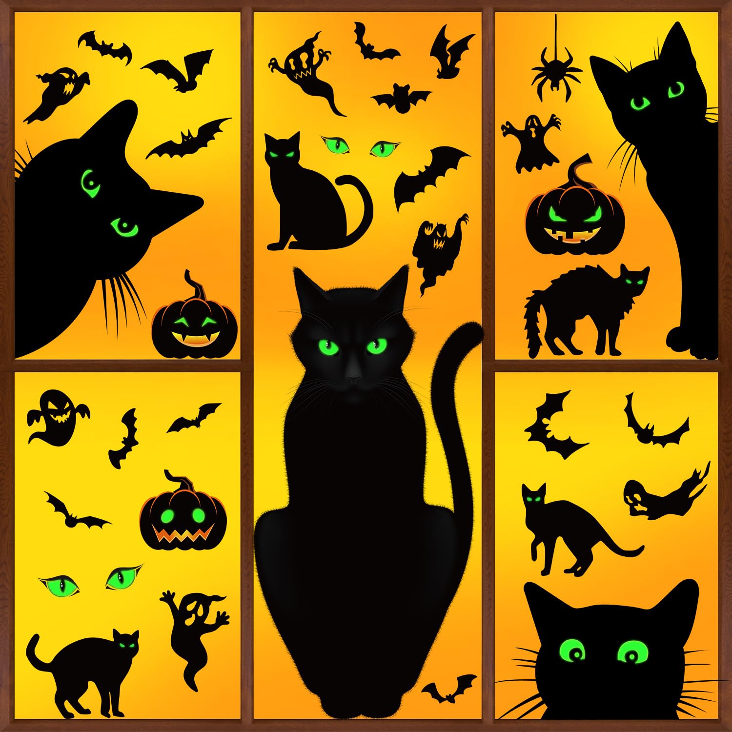 Quera Large Halloween Window Clings Black Cat Window Decorations Glow in The Dark Spooky Pumpkin Window Stickers Halloween Silhouette Window Stickers for School Home Office Party Decals, Double-Side