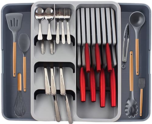 VILIA Expandable Kitchen Drawer Organizer with Knife Holder, Utensil Holder - Adjustable Cutlery Silverware Tray for Drawer, Kitchen Organization, Large Durable Utensil Organizer, Kitchen Storage