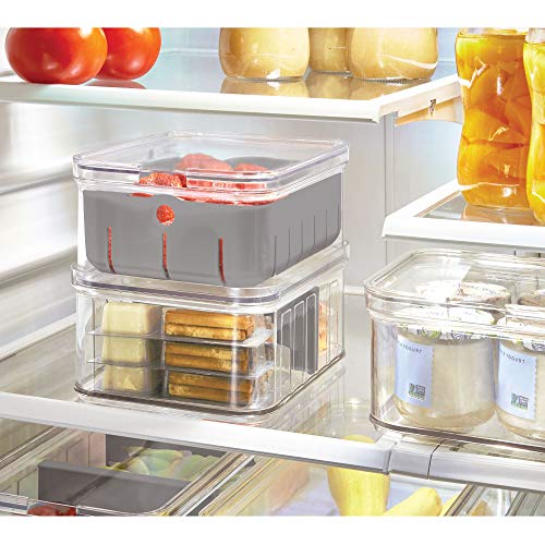 iDesign Recycled Plastic Crisp Produce Storage Containers with Lid and Colander Basket Designed to Keep Food Fresh Longer, 8.32β x 6.32β x 3.76β, Clear/Gray
