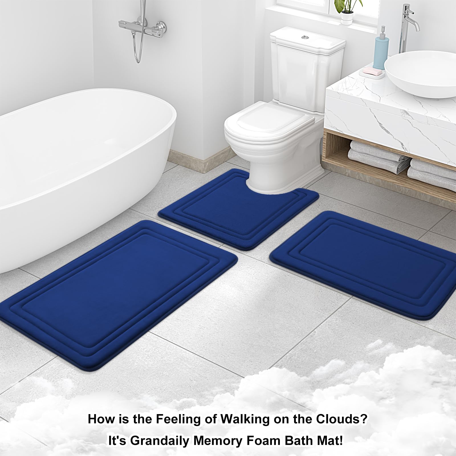 Grandaily Memory Foam Toilet Rugs U-Shaped 24x20, Ultra Soft, Non-Slip and Absorbent Bathroom Rugs, Machine Wash Dry, Comfortable Contour Bath Mat for Toilet Base, Navy Blue