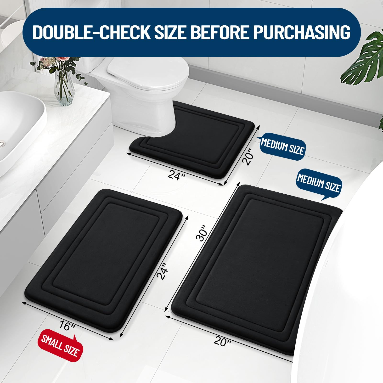 Grandaily Memory Foam Bath Mat Rug 24x16, Ultra Soft, Non-Slip and Absorbent Bathroom Rugs, Machine Wash Dry, Comfortable Bath Carpet for Bathroom Floor, Tub and Shower, Black