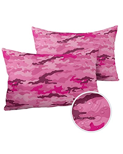 Funnywall88 Waterproof Throw Pillow Covers Set of 2 Camouflage Netting Camo Pink Couch Pillow Cases Outdoor Sofa Cushion Cover Home Decor for Bed Living Room, 20" x 12"