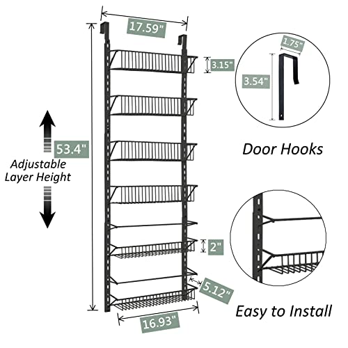 CiWiVOKi Over The Door Pantry Organizer With 6 Adjustable Metal Wire Baskets - Closet Organizer Hanging Spice Space Saver,17.6" W×53.5" H Pantry Door Organizer, Fridge Spice Rack Organizer, Black