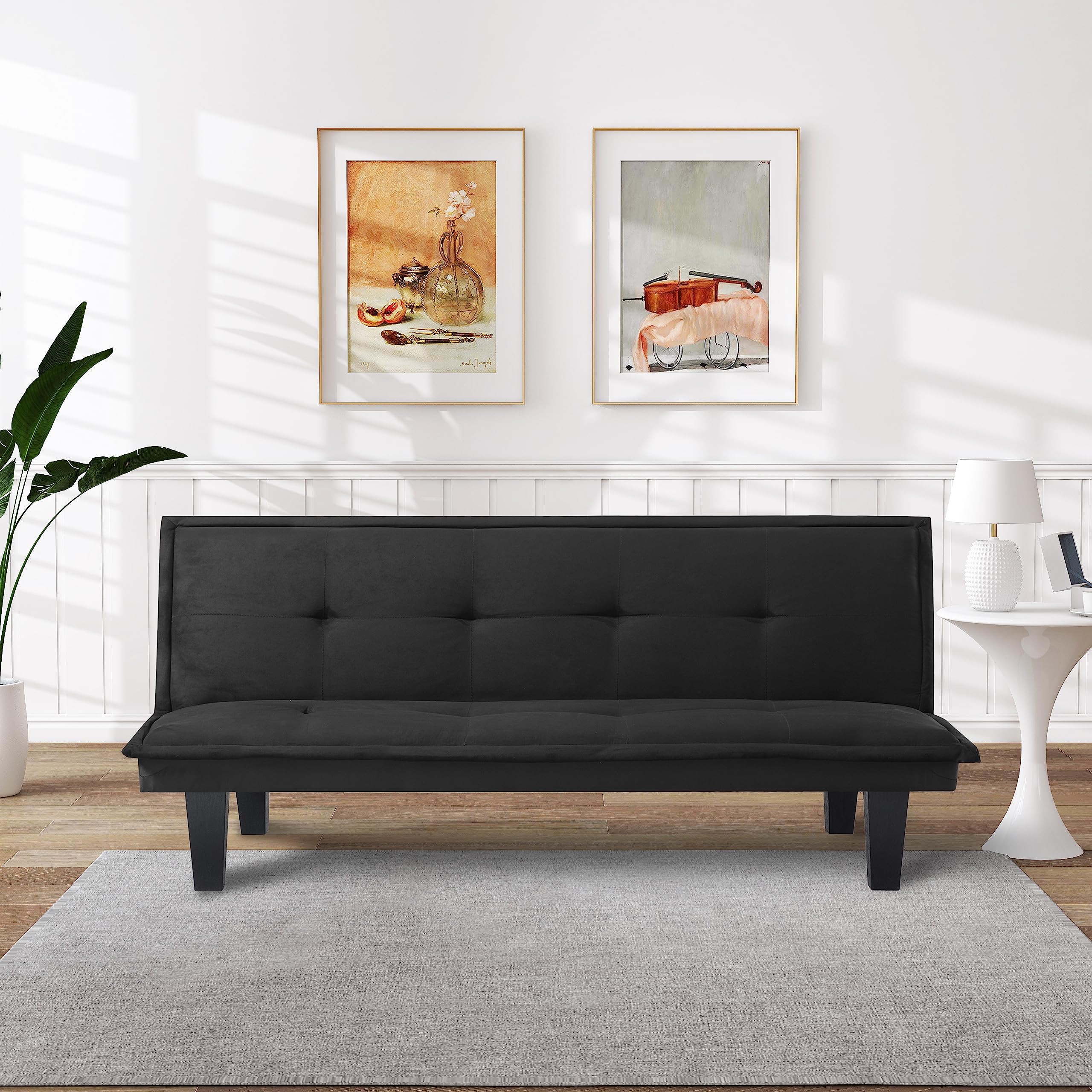 POCIYIHOME Futon Sleeper Sofa with Adjustable Back, Modern Twin Size Chaise with Brown Legs, 2-Seater Couch, Contemporary Home Furniture for Living Room,Bedroom,Office,Waiting Room, Faux Suede, Black