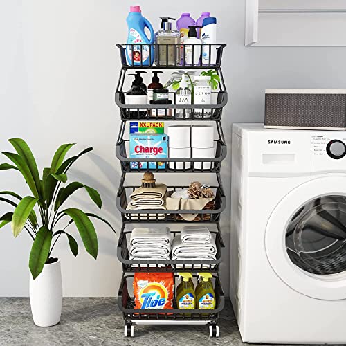 Fruit and Vegetable Storage - 6 Tier Fruit Basket Stand for Kitchen Floor, Metal Wire Storage Backets with Wheels for Produce Pantry Vegtable Organizer