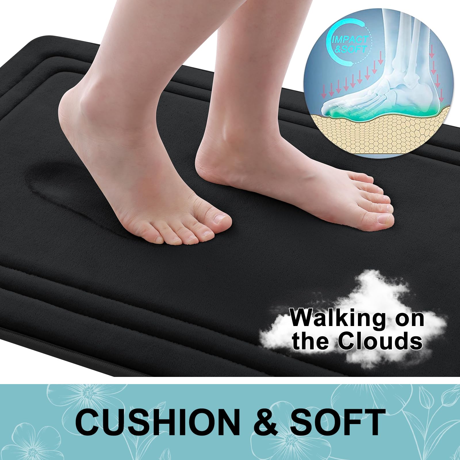 Grandaily Memory Foam Bath Mat Rug 24x16, Ultra Soft, Non-Slip and Absorbent Bathroom Rugs, Machine Wash Dry, Comfortable Bath Carpet for Bathroom Floor, Tub and Shower, Black