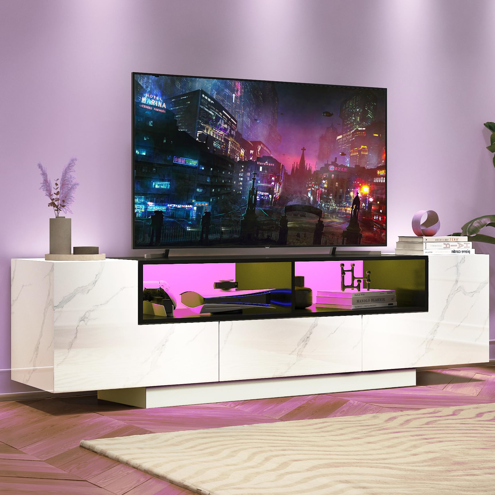 HOMFAMILIA 70in LED TV Stand for 75 Inch TV, Large Gaming Entertainment Center with Storage Cabinets and Open Shelves, Modern TV Console for Living Room, Bedroom(White Marble)