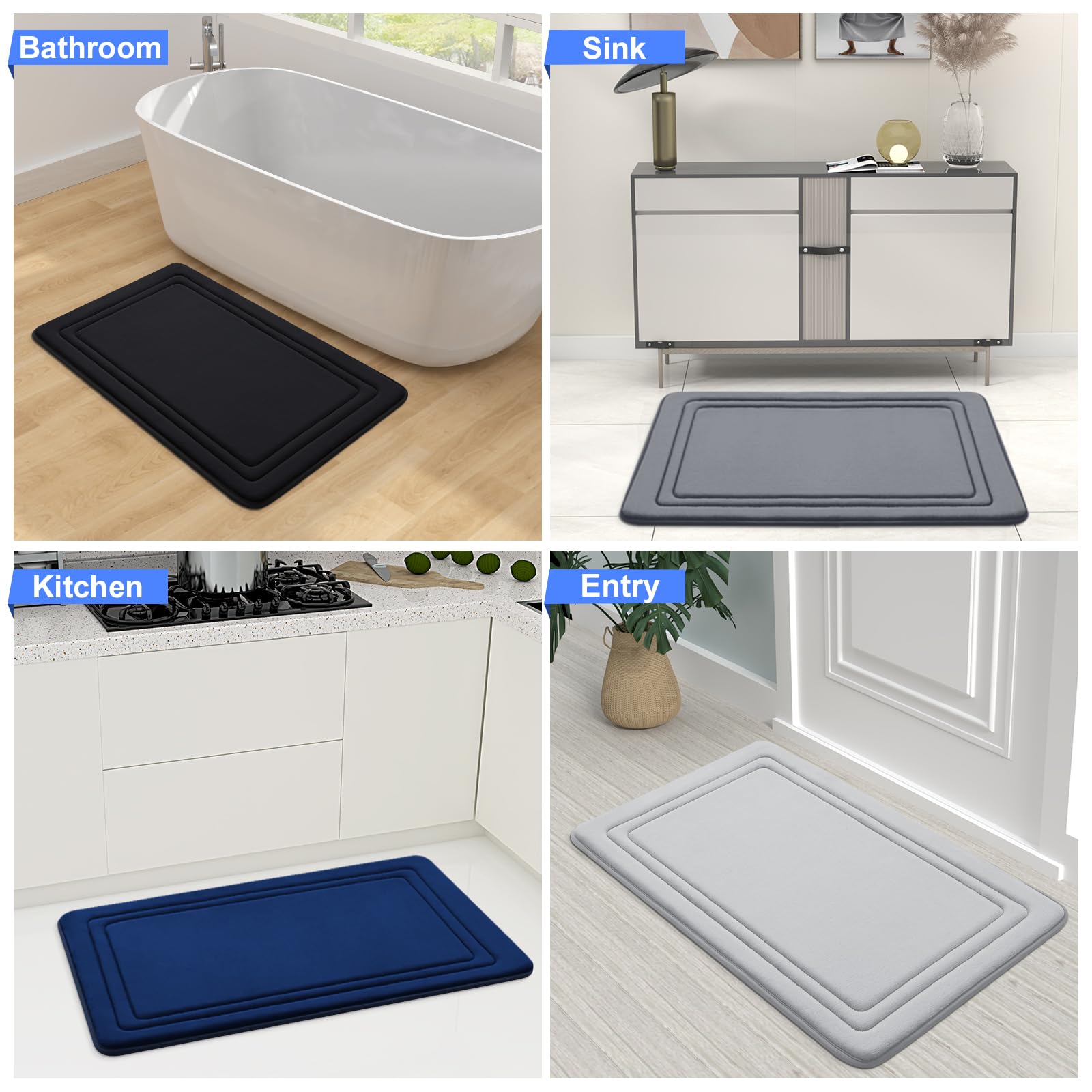 Grandaily Memory Foam Bath Mat Rug 24x16, Ultra Soft, Non-Slip and Absorbent Bathroom Rugs, Machine Wash Dry, Comfortable Bath Carpet for Bathroom Floor, Tub and Shower, Black