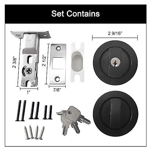 Round Pocket Door Lock with Keys - Recessed 2 Sided Handle Hardware for Privacy Barn Door and Sliding Door with Latch - Fits 1 3/8” to 2 3/16” Thickness Door (Black-Entry, 1 Pack)