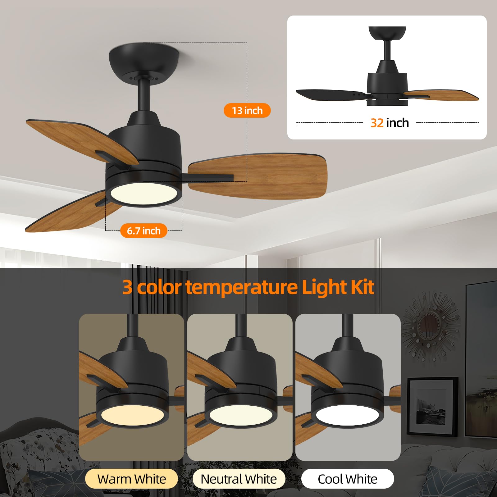 TALOYA Ceiling Fan with LED Light 32 Inch Remote Control Quiet Ceiling Fans with Reversible DC Motor for Bedroom Dining Room Office,Black/Walnut