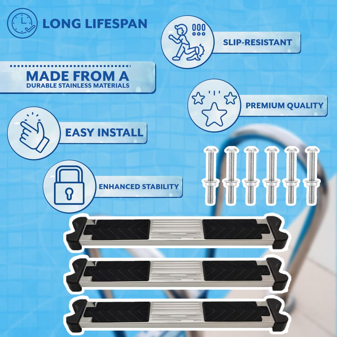 Poolzilla 3 Pack Pool Ladder Replacement Step, Stainless Steel Treaded Design, 18.35" x 1.7"