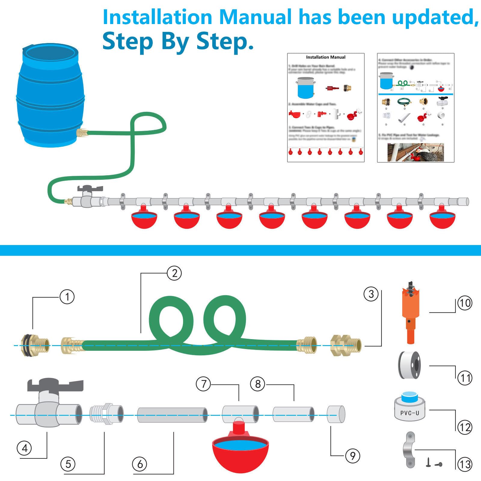 Automatic Chicken Watering System with PVC Pipe (Real Complete Set Pipeline) - 1/2" PVC Tee Fittings & Pipe & Garden Hose Connect to Water Tank, Automatic Poultry Waterer Feeder Kit