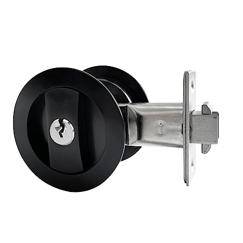 Round Pocket Door Lock with Keys - Recessed 2 Sided Handle Hardware for Privacy Barn Door and Sliding Door with Latch - Fits 1 3/8” to 2 3/16” Thickness Door (Black-Entry, 1 Pack)