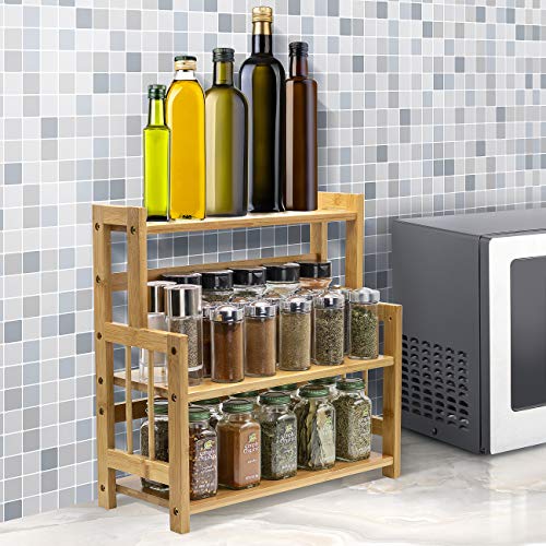 Sorbus Kitchen Countertop Organizer Bamboo Wooden Counter Storage Shelf Rack for Spice, Soap, Skin care, Makeup Display Stand, Bathroom Shelves, Vanity, Office (3-Tier)