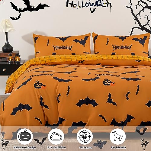 Xruibed Halloween Duvet Cover Set Twin - Pumpkin Bat Orange Bedding With Pillowcase, Horror Comforter Cover for Kids Teens, 2 Pieces, 68"x 86"