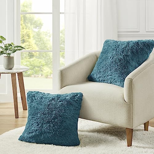 Hyde Lane Luxury Faux Fur Throw Pillow Covers | Soft Fluffy Fuzzy Cushion Cover | Plush Pillows Case for Couch Sofa Bed Aesthetic Room Decor, 18”x18”, 2 Pack, Teal