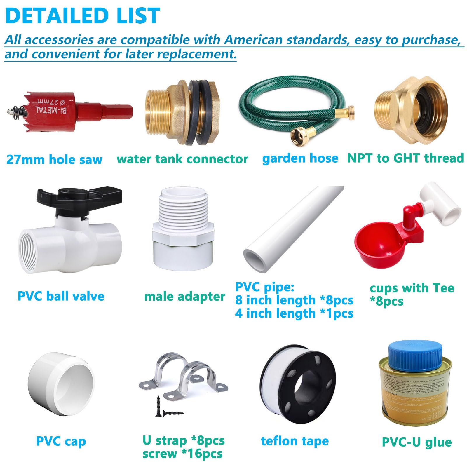 Automatic Chicken Watering System with PVC Pipe (Real Complete Set Pipeline) - 1/2" PVC Tee Fittings & Pipe & Garden Hose Connect to Water Tank, Automatic Poultry Waterer Feeder Kit
