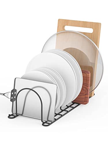 JAQ Pot Lid Rack Organizer, 13.5'' Kitchenware Dividers Holder for Plates, Pans, Cutting Boards, Muffin Tins, Baking Sheets in Cabinets Shelf Countertop Pantry ( Black, 8-Slot)