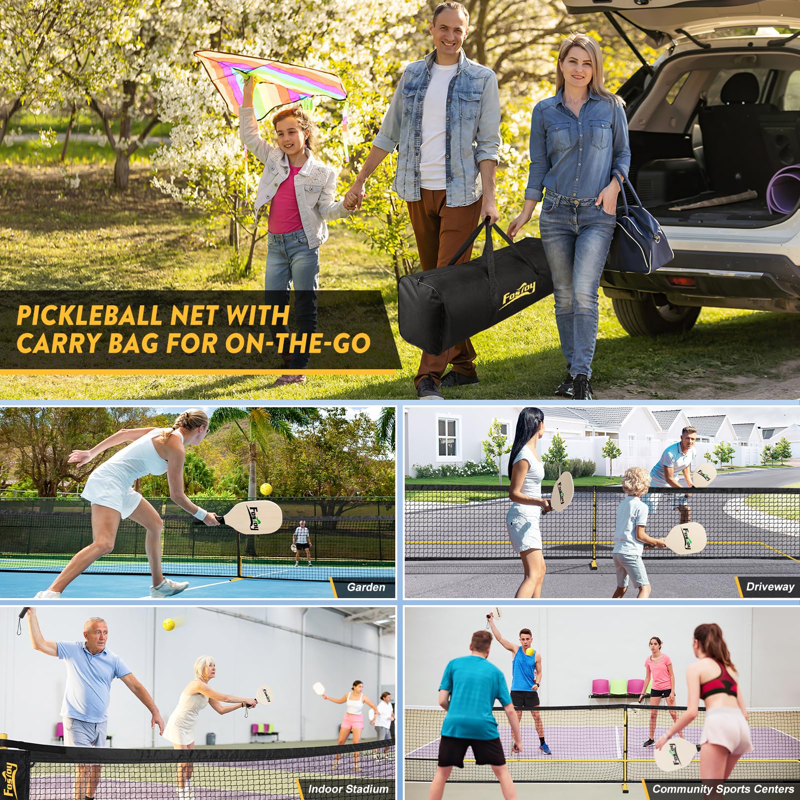 Fostoy Portable Pickleball Net Set, 22FT Regulation Size 18-Ply PE Pickleball Net,Carry Bag, Weather Resistant Steady Metal Frame Easy Setup for Outdoor Indoor Driveway