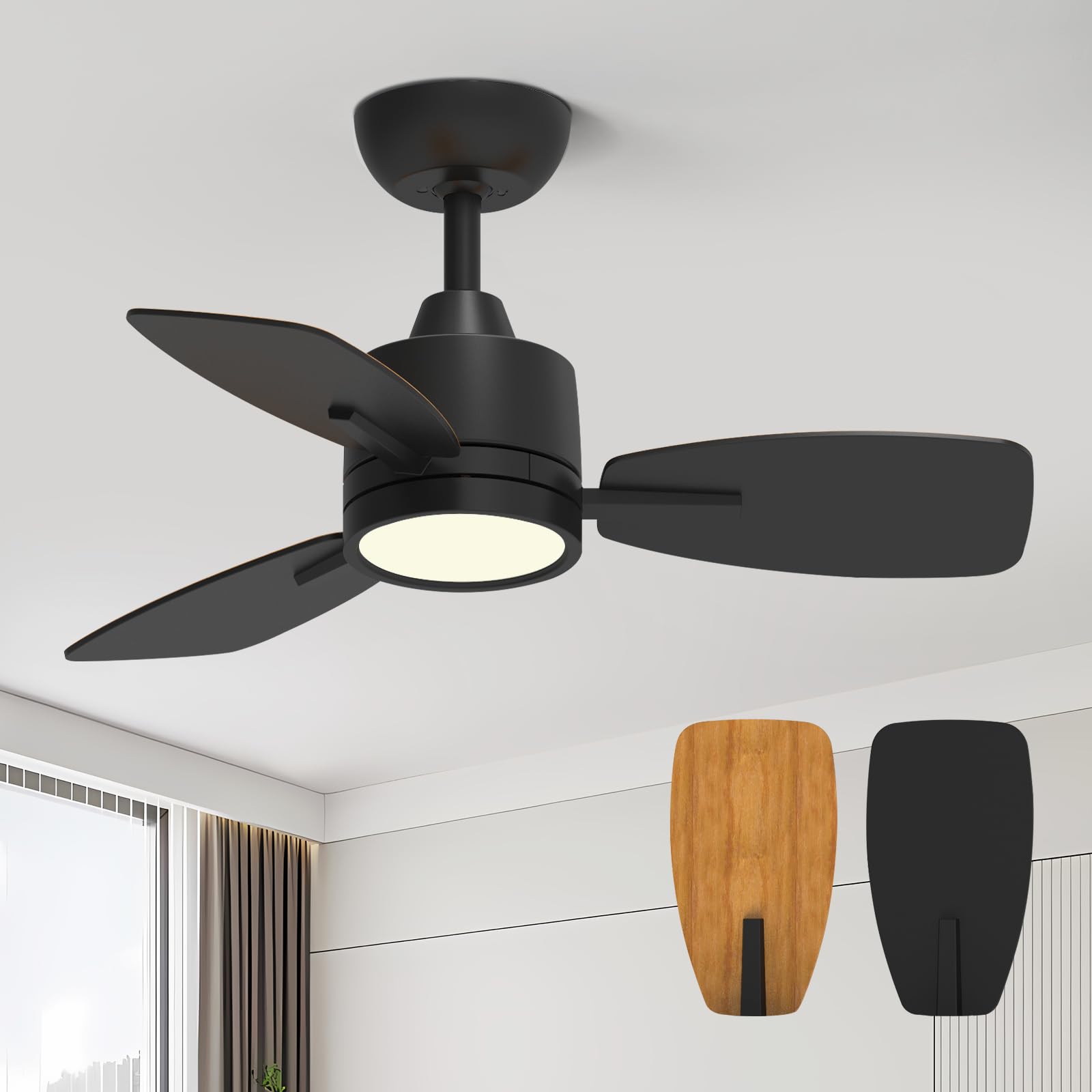 TALOYA Ceiling Fan with LED Light 32 Inch Remote Control Quiet Ceiling Fans with Reversible DC Motor for Bedroom Dining Room Office,Black/Walnut