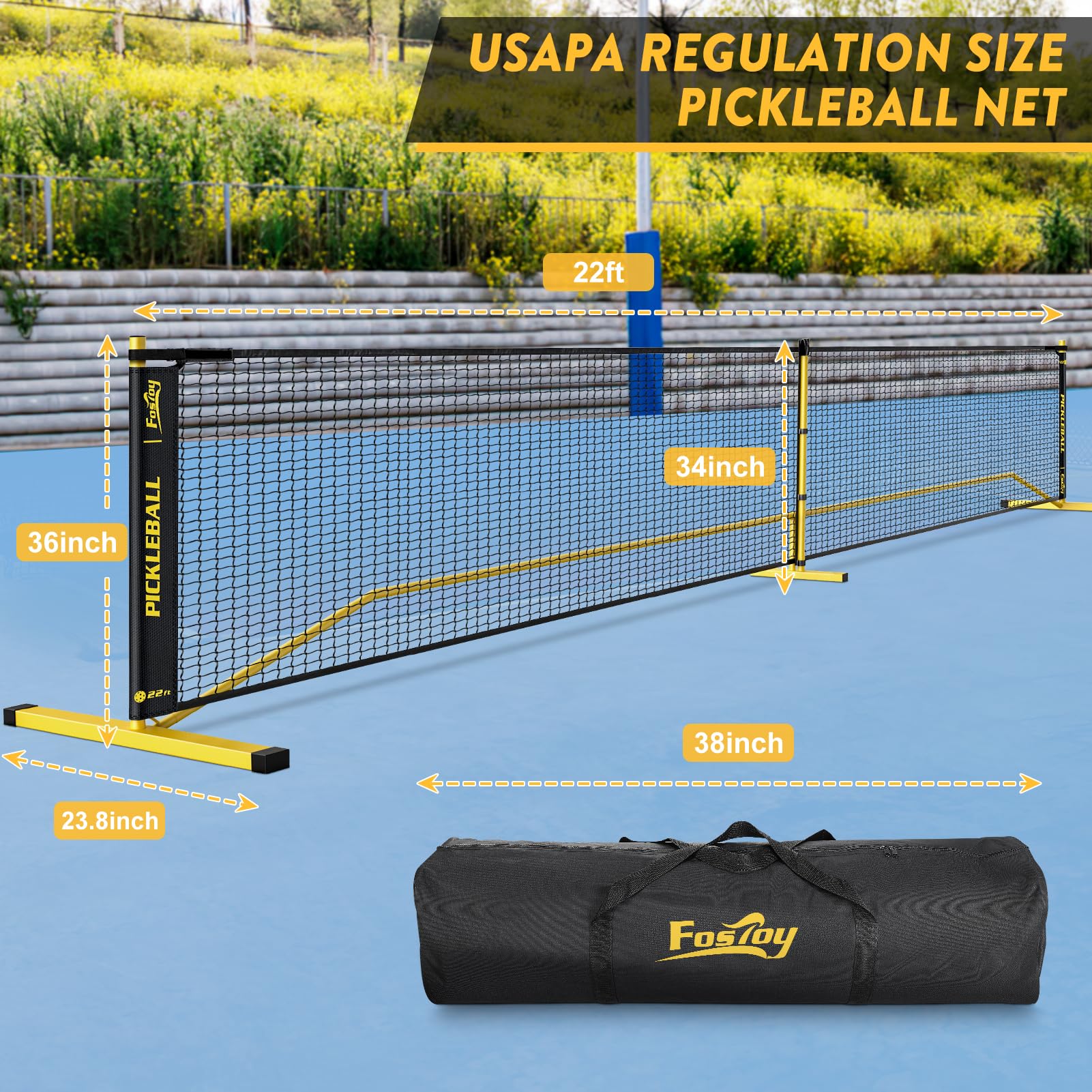 Fostoy Portable Pickleball Net Set, 22FT Regulation Size 18-Ply PE Pickleball Net,Carry Bag, Weather Resistant Steady Metal Frame Easy Setup for Outdoor Indoor Driveway