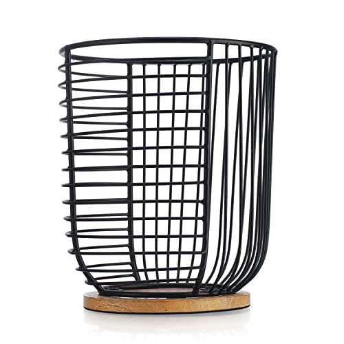 MosJos Extra Large Black Utensil Holder with Wooden Base - Farmhouse Utensil Storage - Wire Crock Kitchen Countertop Organizer - 7.2 x 6.2 Cooking Utensil Holder