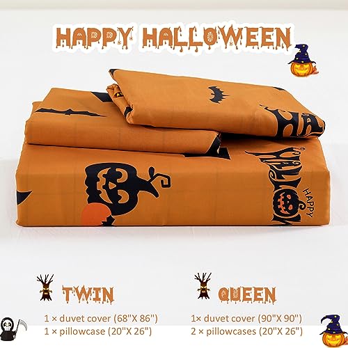 Xruibed Halloween Duvet Cover Set Twin - Pumpkin Bat Orange Bedding With Pillowcase, Horror Comforter Cover for Kids Teens, 2 Pieces, 68"x 86"