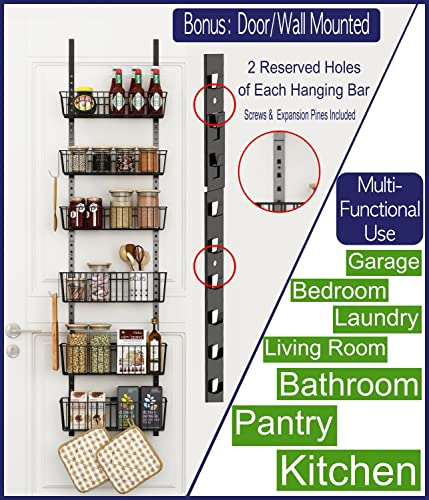 Olirum Over the Door Pantry Organizer, 6 Adjustable Baskets, Large Pantry Organization and Storage, Hanging or Wall Mounted Spice Rack for Kitchen Organization + Pantry Storage with Hooks & Dividers