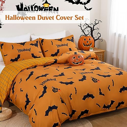 Xruibed Halloween Duvet Cover Set Twin - Pumpkin Bat Orange Bedding With Pillowcase, Horror Comforter Cover for Kids Teens, 2 Pieces, 68"x 86"