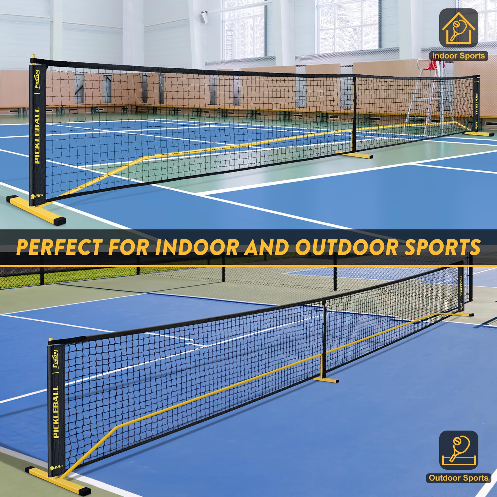 Fostoy Portable Pickleball Net Set, 22FT Regulation Size 18-Ply PE Pickleball Net,Carry Bag, Weather Resistant Steady Metal Frame Easy Setup for Outdoor Indoor Driveway