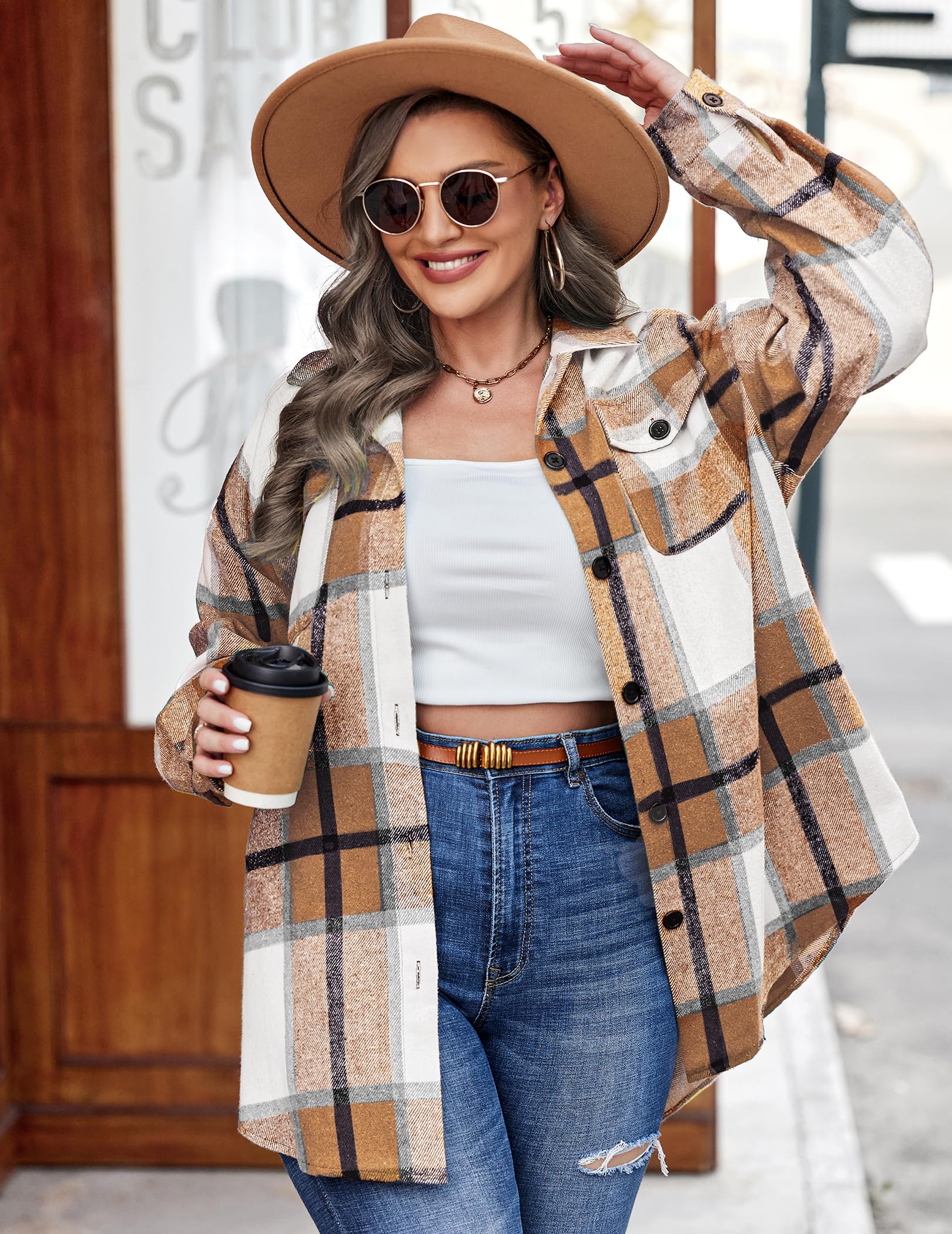 IN'VOLAND Women's Plus Size Flannel Plaid Shacket Casual Button Down Long Sleeve Flannel Shirts Lapel Fall Brown Jacket 20W