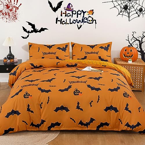 Xruibed Halloween Duvet Cover Set Twin - Pumpkin Bat Orange Bedding With Pillowcase, Horror Comforter Cover for Kids Teens, 2 Pieces, 68"x 86"