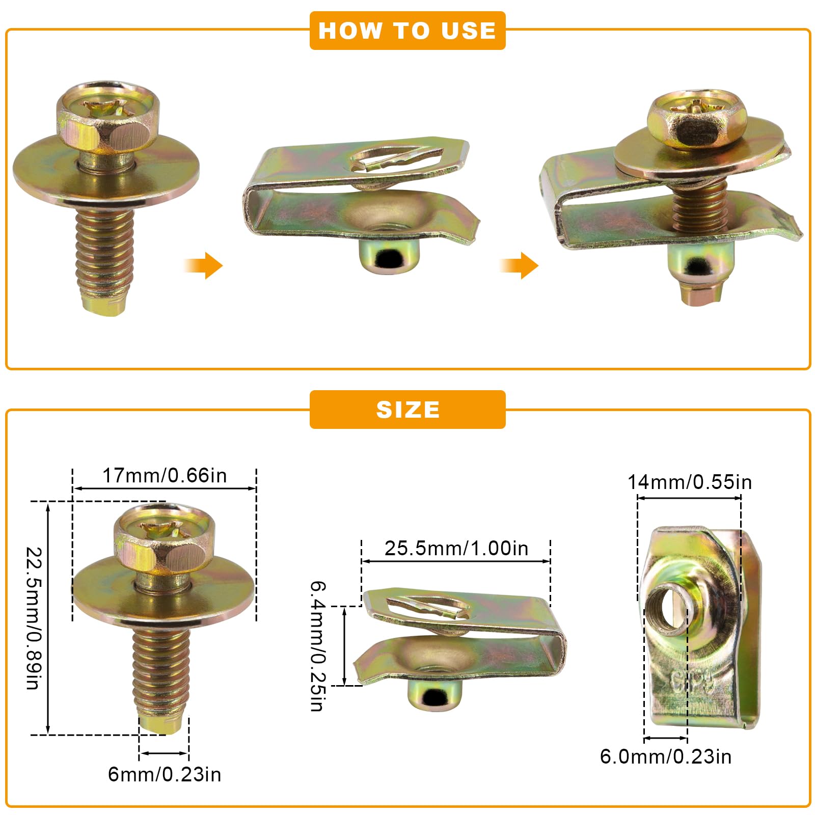 URMECCH 20x Body Bolts M6-1.0 x 20mm Long - 10mm Hex - 17mm Washer - 20x U-Nuts Clips Engine Under Cover Undertray Splash Shield Guard Bumper Fender Liner Push Retainer Fastener, Yellow Zinc Finish