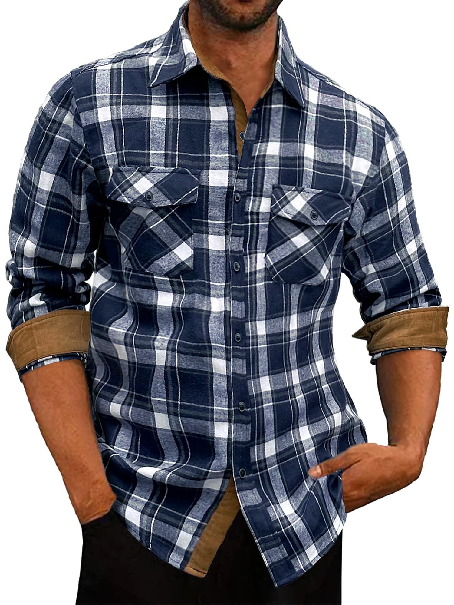 Comdecevis Men's Casual Button Down Flannel Plaid Shirts Long Sleeve Corduroy Cuffs Western Cowboy Club Shirt