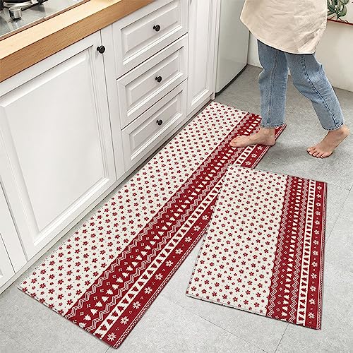 MUENINELE Kitchen Floor Rugs, Merry Christmas Snowflake Xmas Tree Geometric Pattern Red Non-Slip Runner Mats Runner Rugs for Laundry, Bedrooms, Sink, Office, 2 PCS Set