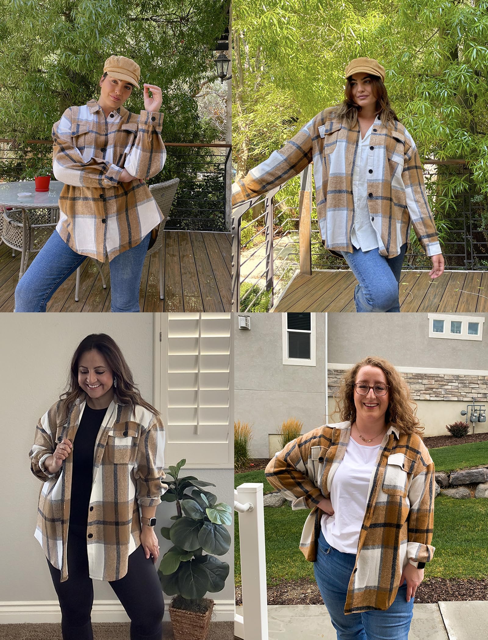 IN'VOLAND Women's Plus Size Flannel Plaid Shacket Casual Button Down Long Sleeve Flannel Shirts Lapel Fall Brown Jacket 20W