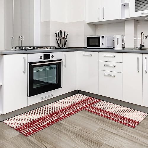 MUENINELE Kitchen Floor Rugs, Merry Christmas Snowflake Xmas Tree Geometric Pattern Red Non-Slip Runner Mats Runner Rugs for Laundry, Bedrooms, Sink, Office, 2 PCS Set