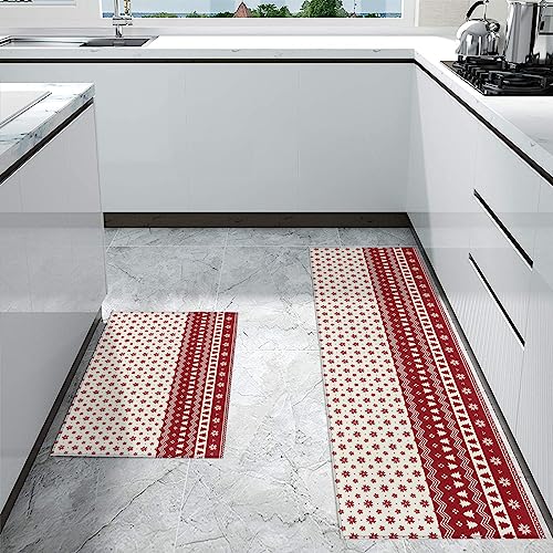 MUENINELE Kitchen Floor Rugs, Merry Christmas Snowflake Xmas Tree Geometric Pattern Red Non-Slip Runner Mats Runner Rugs for Laundry, Bedrooms, Sink, Office, 2 PCS Set