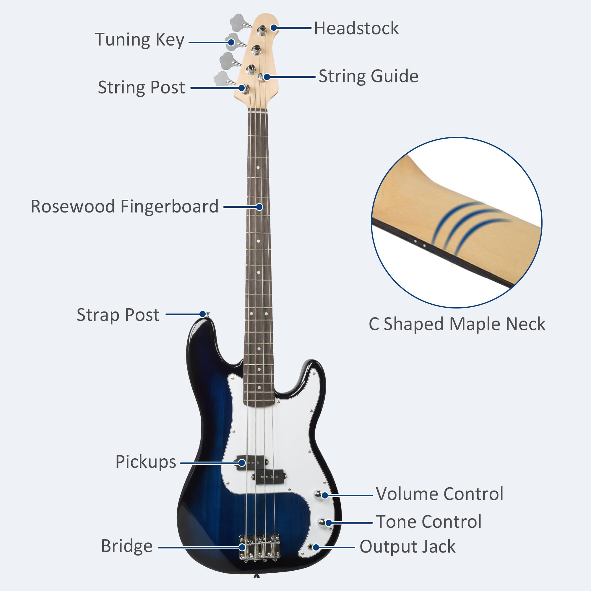 Electric Bass Guitar 4 Strings, 46 Inch Full Size Beginner Kit with 15W Amp, Gig Bag, Strap, 3 Picks for Beginner Adults Teens, Right Handed