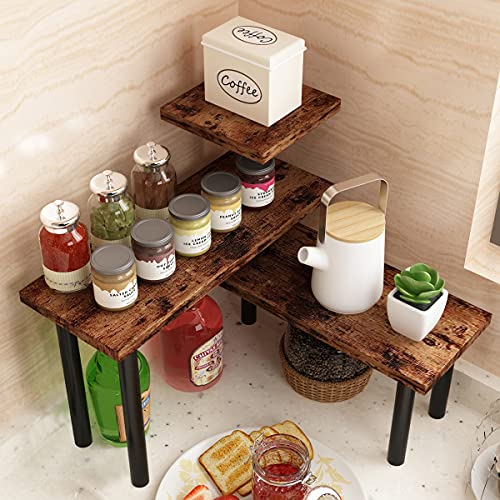 Homode Corner Shelf, 3 Tier Kitchen Counter Shelf, Vintage Wood Countertop Organizer, Adjustable Spice Rack, Counter Storage Organization for Kitchen, Bathroom, Office, Rustic Brown