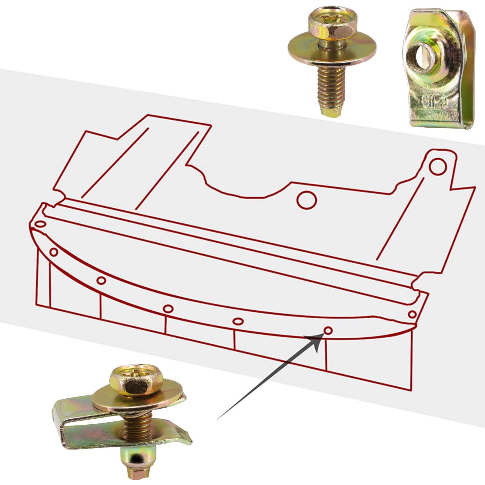 URMECCH 20x Body Bolts M6-1.0 x 20mm Long - 10mm Hex - 17mm Washer - 20x U-Nuts Clips Engine Under Cover Undertray Splash Shield Guard Bumper Fender Liner Push Retainer Fastener, Yellow Zinc Finish