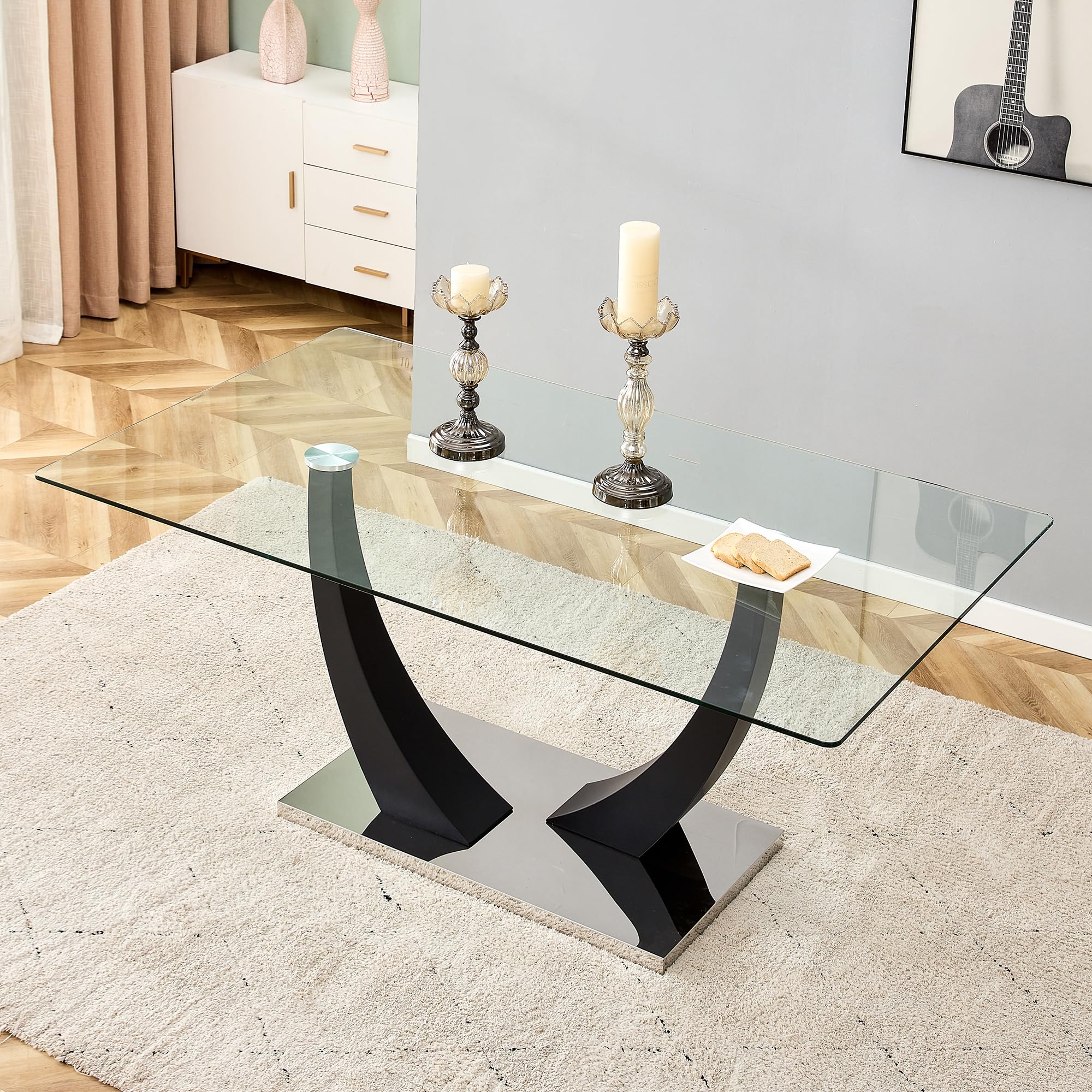 Glass Dining Table Set for 6, 6-Piece Modern Kitchen Table and Chairs Set with Tempered Glass Table and 6 Pcs PU Leather Chairs, Large Dining Room Table Set for Kitchen Dining Room (67" Black Table)