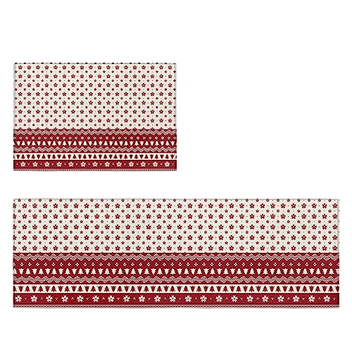 MUENINELE Kitchen Floor Rugs, Merry Christmas Snowflake Xmas Tree Geometric Pattern Red Non-Slip Runner Mats Runner Rugs for Laundry, Bedrooms, Sink, Office, 2 PCS Set