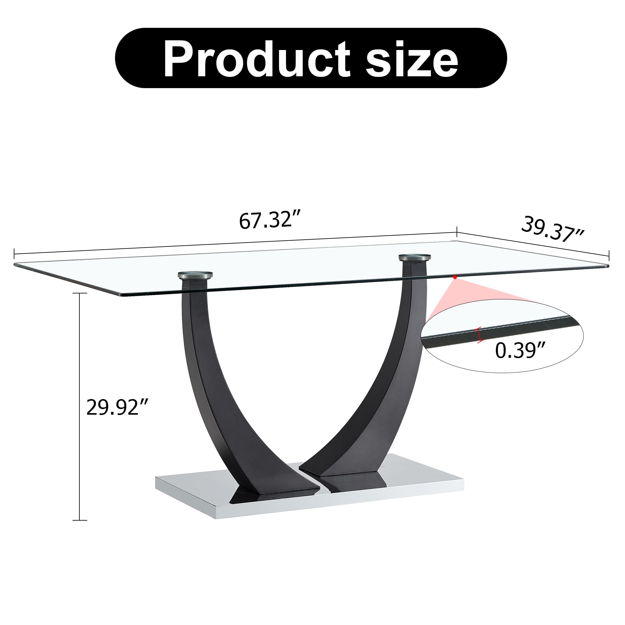 Glass Dining Table Set for 6, 6-Piece Modern Kitchen Table and Chairs Set with Tempered Glass Table and 6 Pcs PU Leather Chairs, Large Dining Room Table Set for Kitchen Dining Room (67" Black Table)