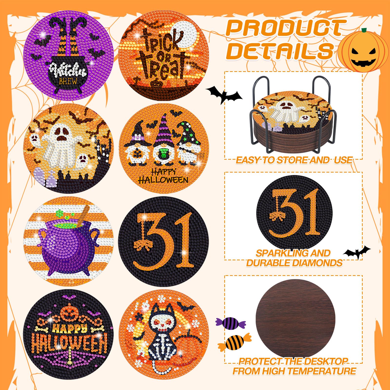 Suttmin 8 Pcs Halloween Diamond Painting Coasters Kits DIY Diamond Kits with Holder Gnome Pumpkin Ghost Coasters for Adult Kids Christmas for Craft Beginner Party Gift